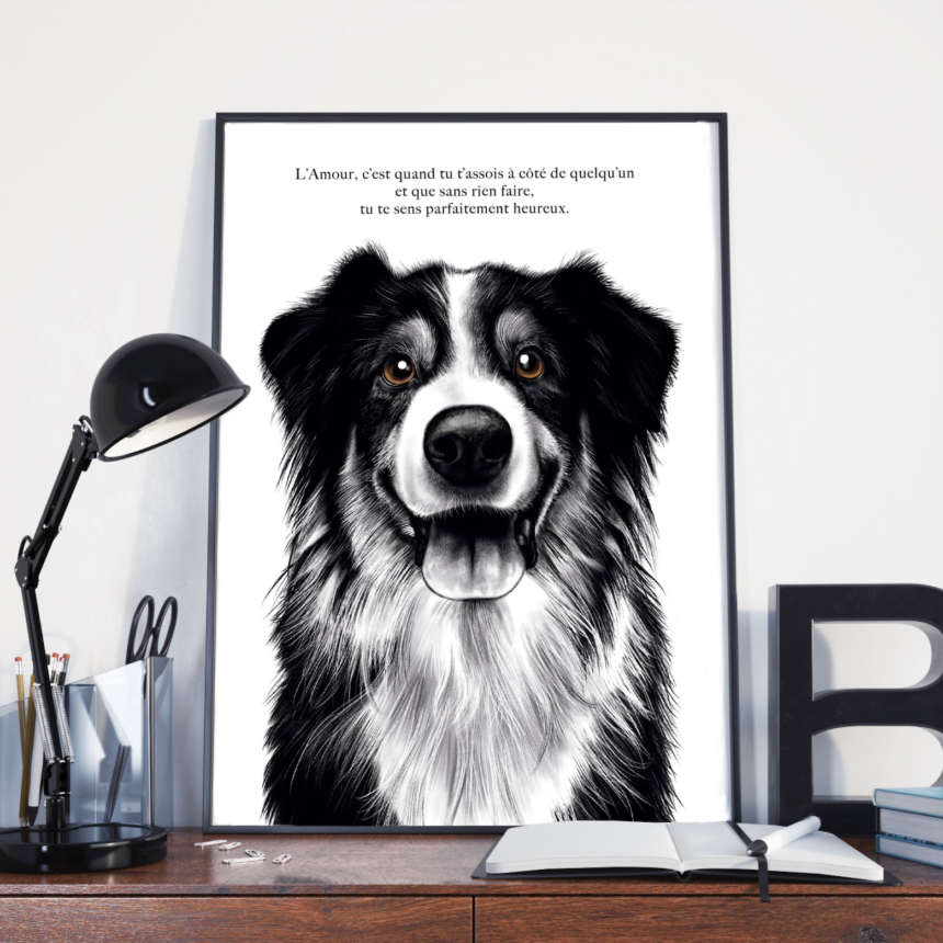 Affiche chien Border Collie dessin illustrant une citation sur l'Amour